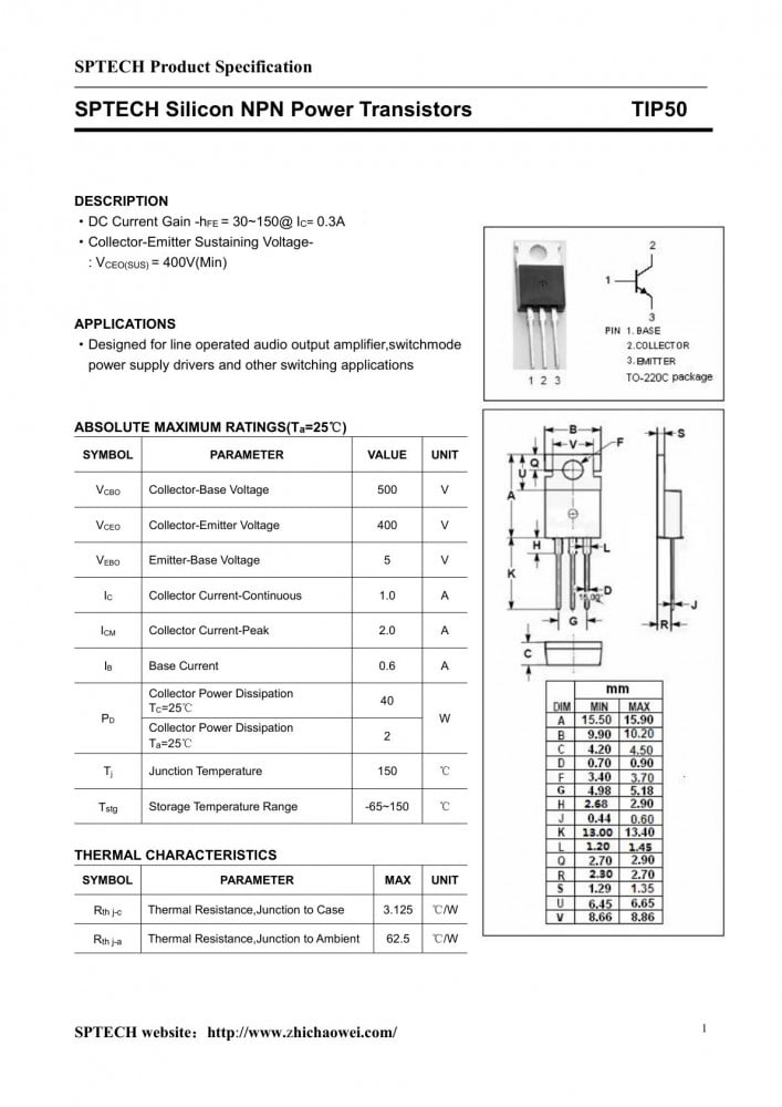 SPTECH TIP50 datasheet page 1