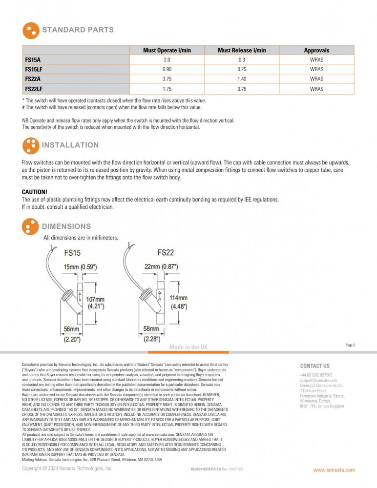 FS15A flow switch technical document page 2