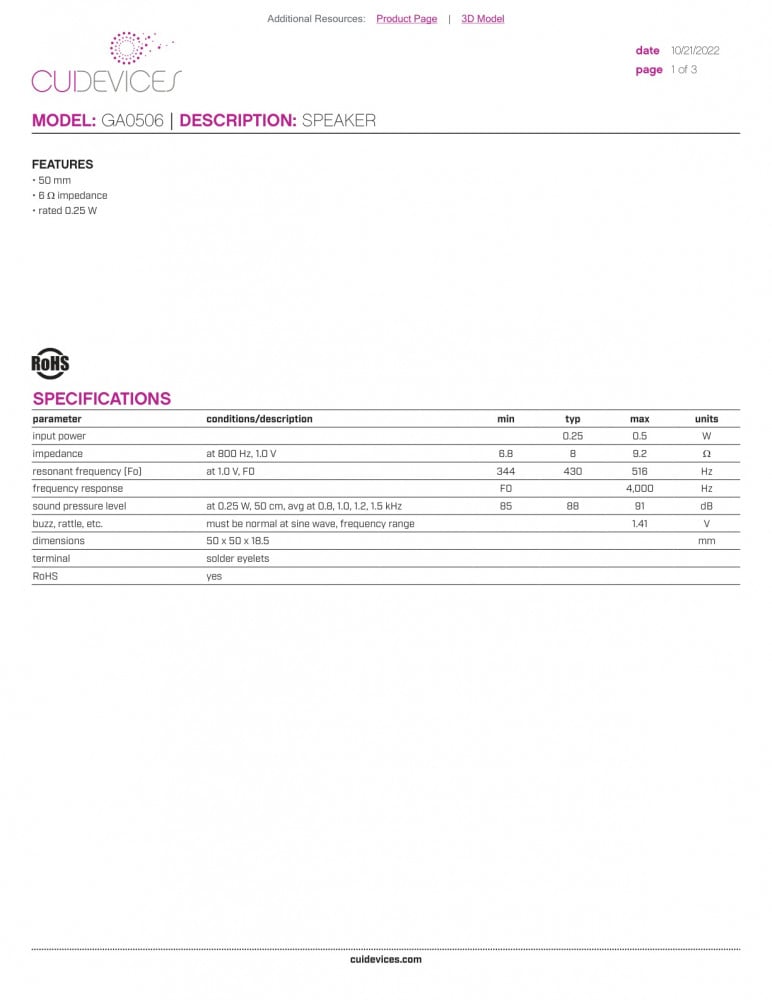 CUI GA0506 datasheet page 1