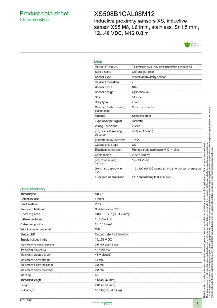 XS508B1CAL08M12 product documentation page 1