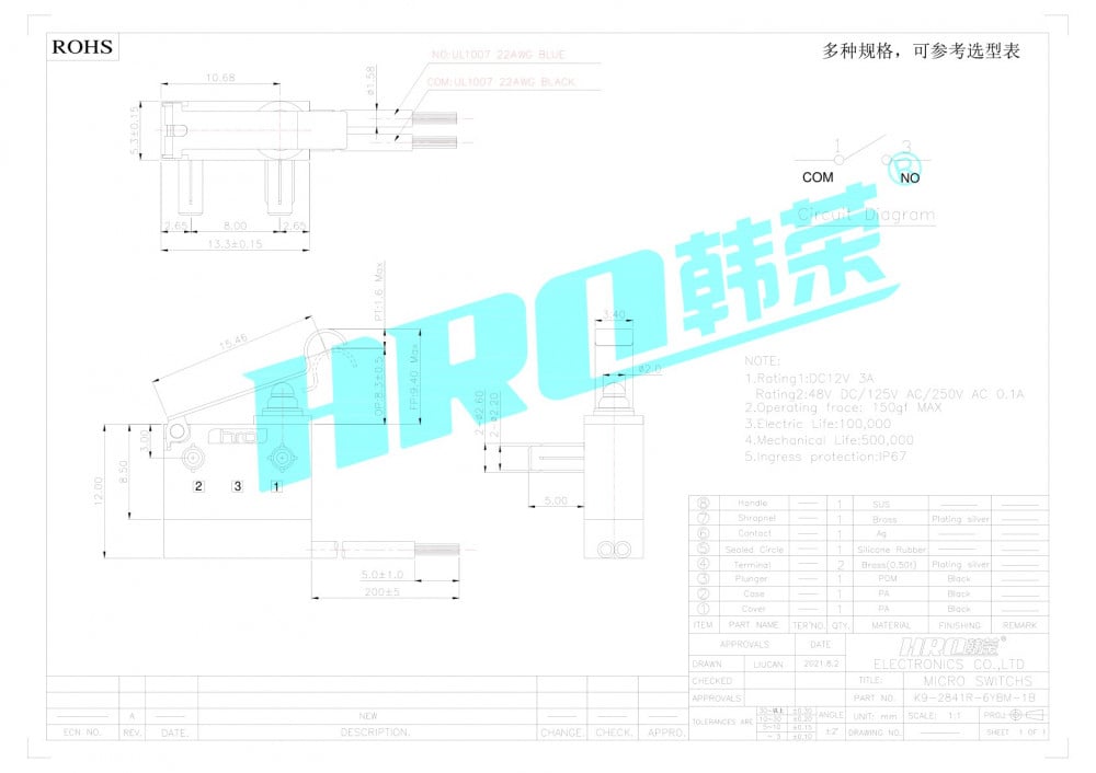 K9-2841R-6YBM-1B technical drawing and materials table
