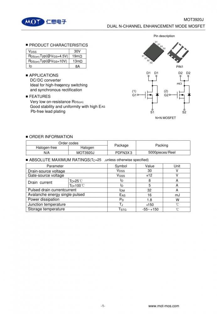 MOT3920J datasheet page 1