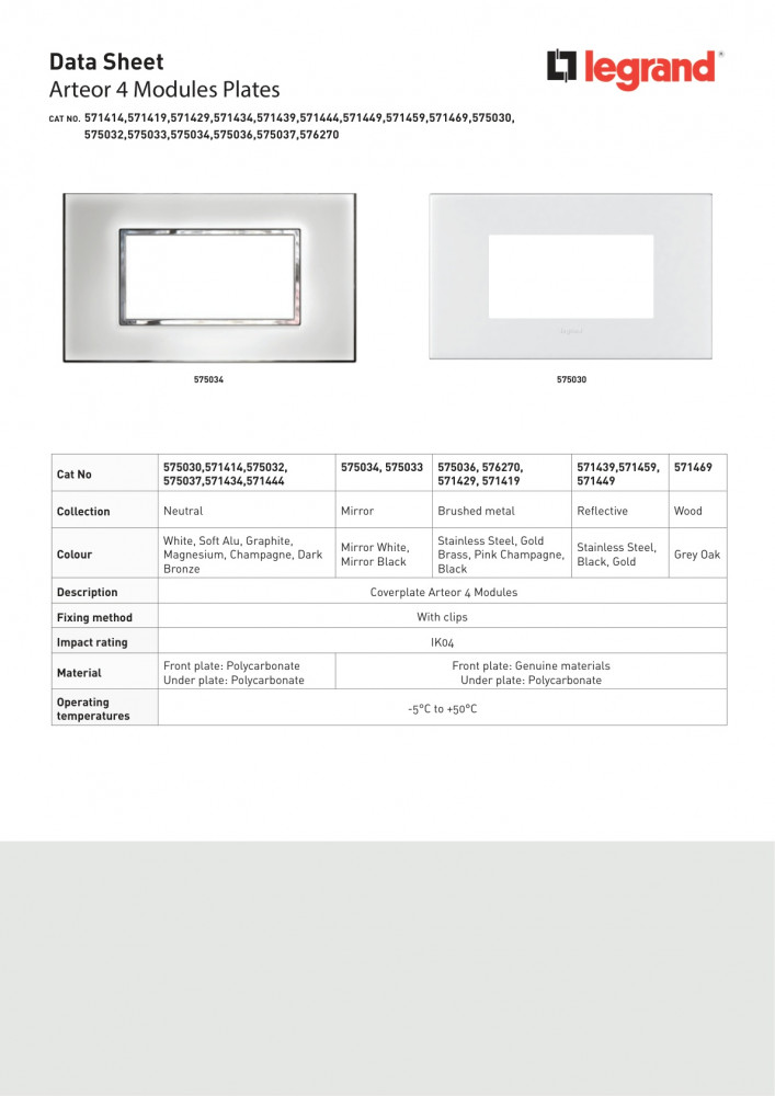 Legrand Arteor coverplate technical document image, page 1