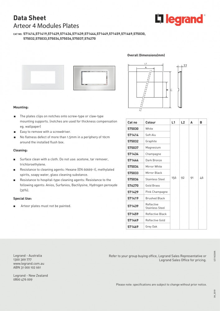 Legrand Arteor coverplate technical document image, page 2