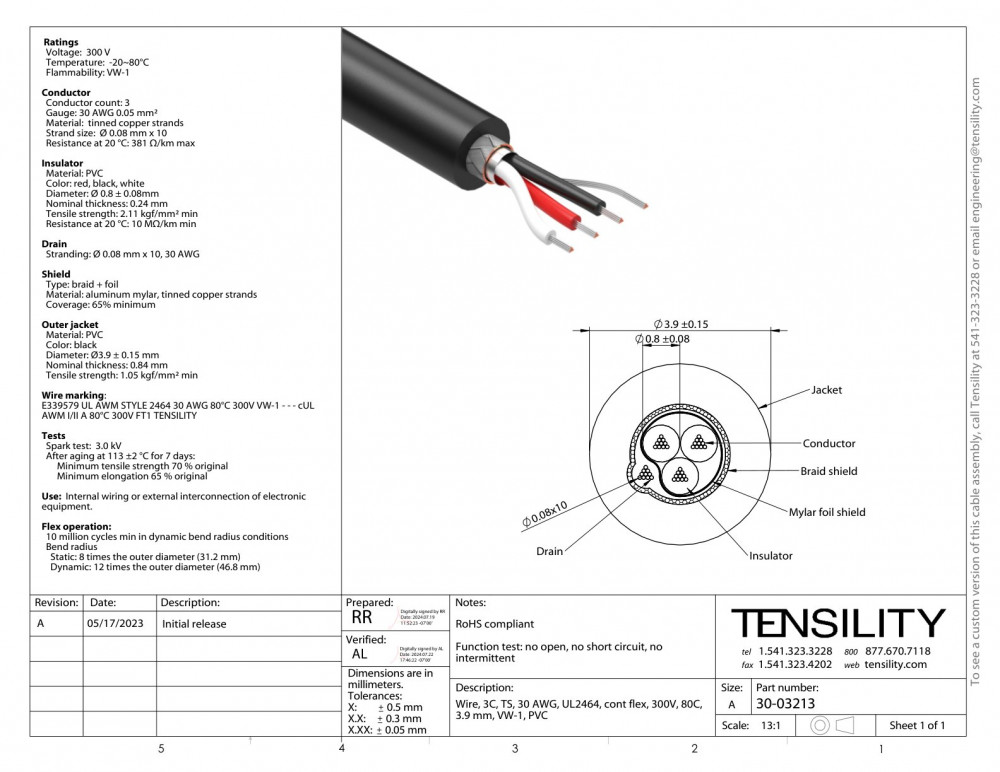 Tensility 30-03213 cable product drawing and specification sheet