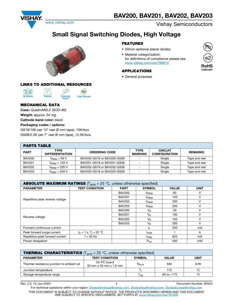 Vishay BAV diode family datasheet page 1
