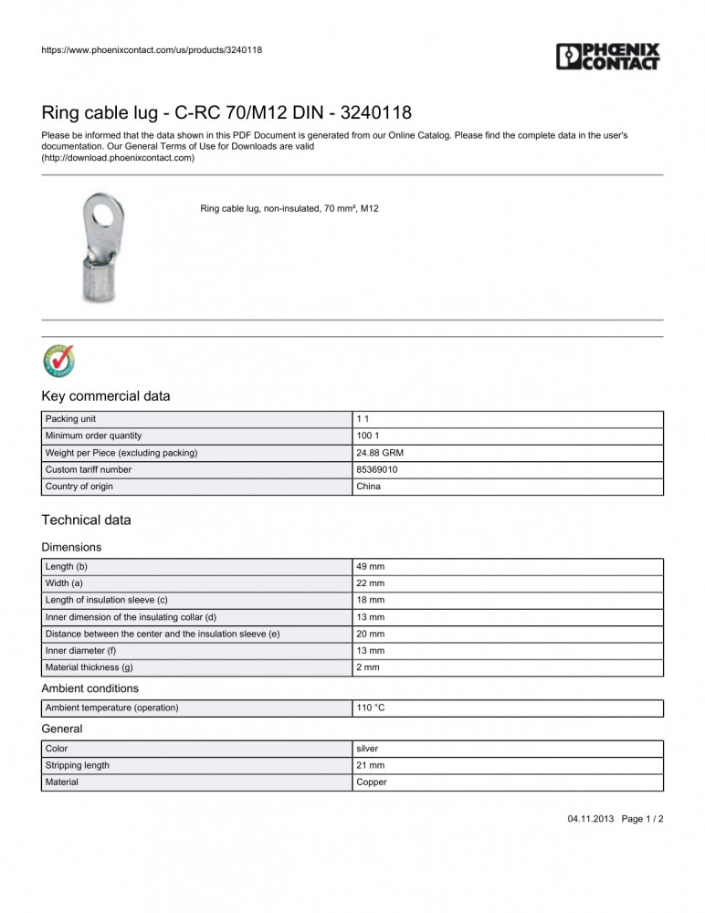 Phoenix Contact 3240118 product data sheet page 1