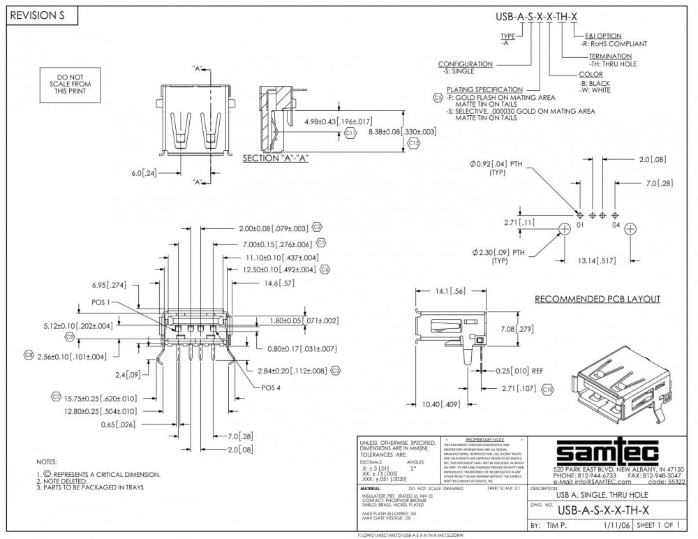 Samtec USB-A through-hole connector mechanical drawing