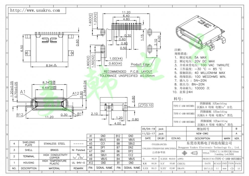 TYPE-C-16M-0053MD1 product drawing and pin assignment