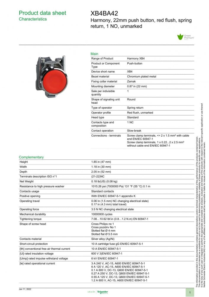XB4BA42 technical document page 1