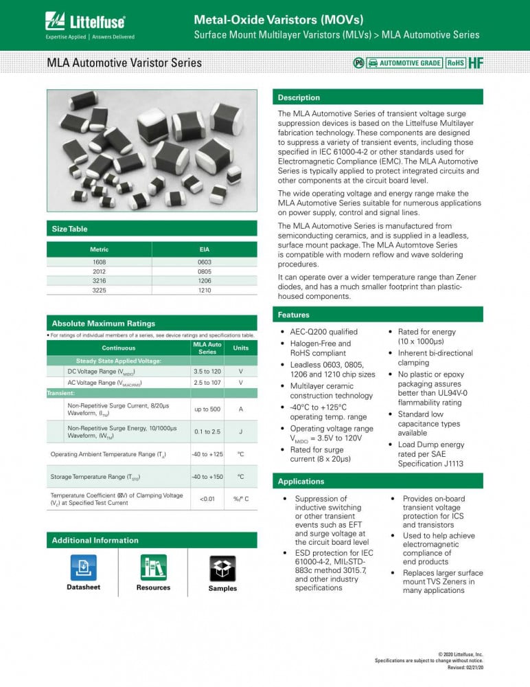 Littelfuse MLA Automotive Series datasheet page 1