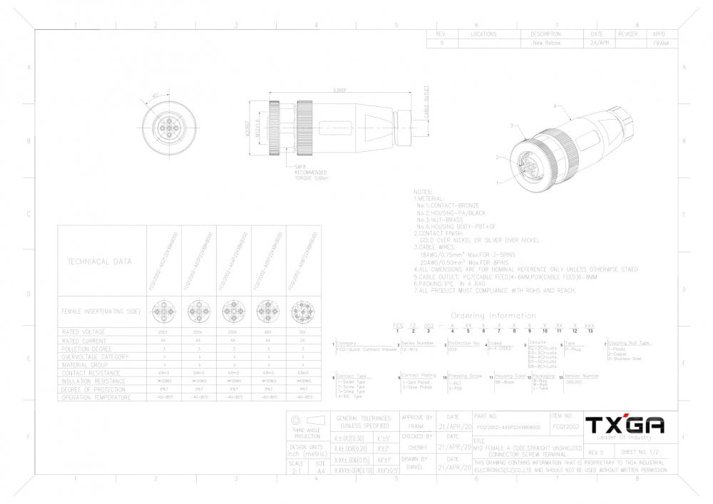 TXGA FCQ12002 technical document page 1