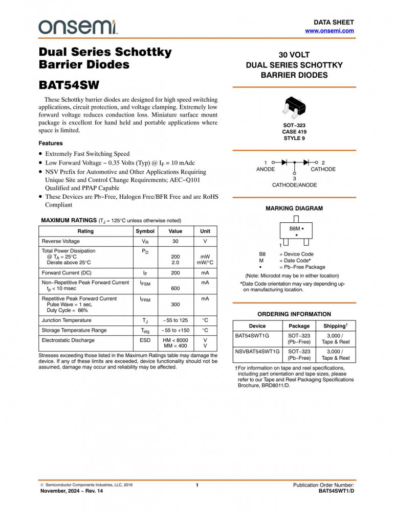 BAT54SWT1G technical document page 1
