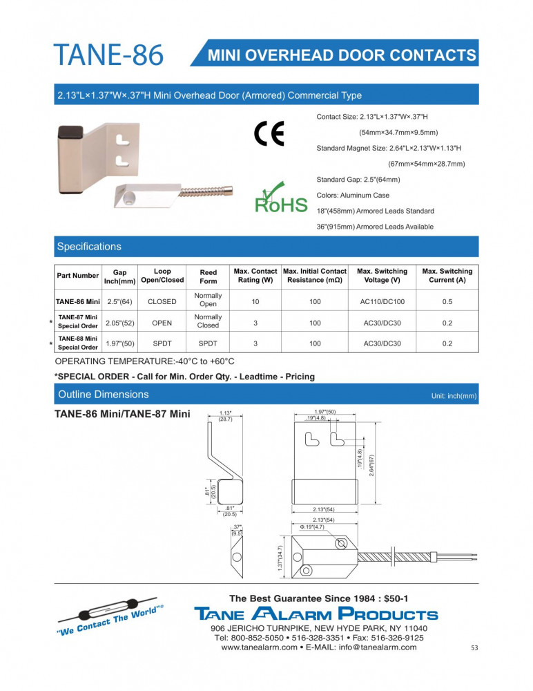 TANE-86 Mini armored overhead-door contact technical document, page 1