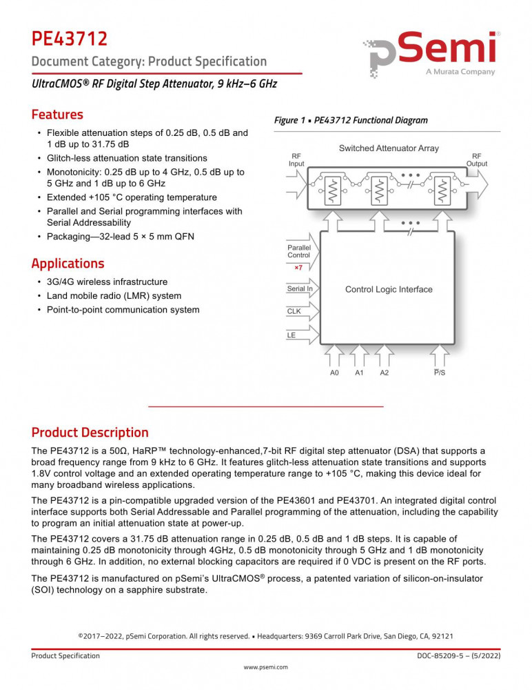 PE43712 datasheet page 1