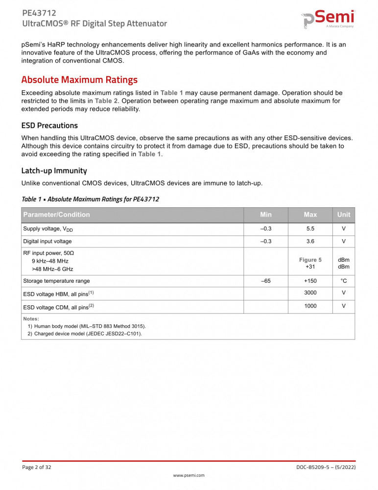 PE43712 datasheet page 2