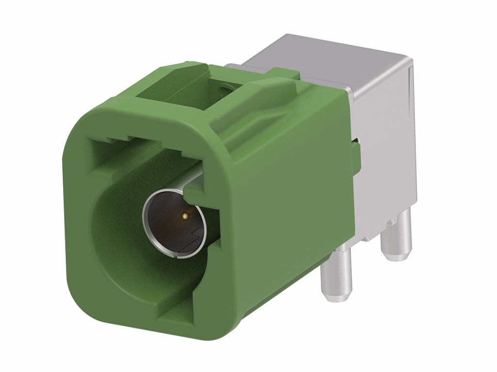 High-Speed FAKRA Mini (HFM) Single Header, 1x1, Right-Angle, Through Hole, Key E, Green, 50 Ohms for sale