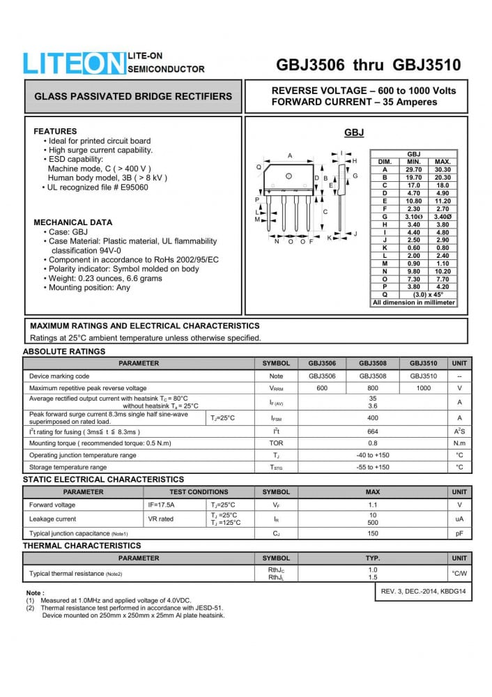 GBJ bridge rectifier datasheet page 1