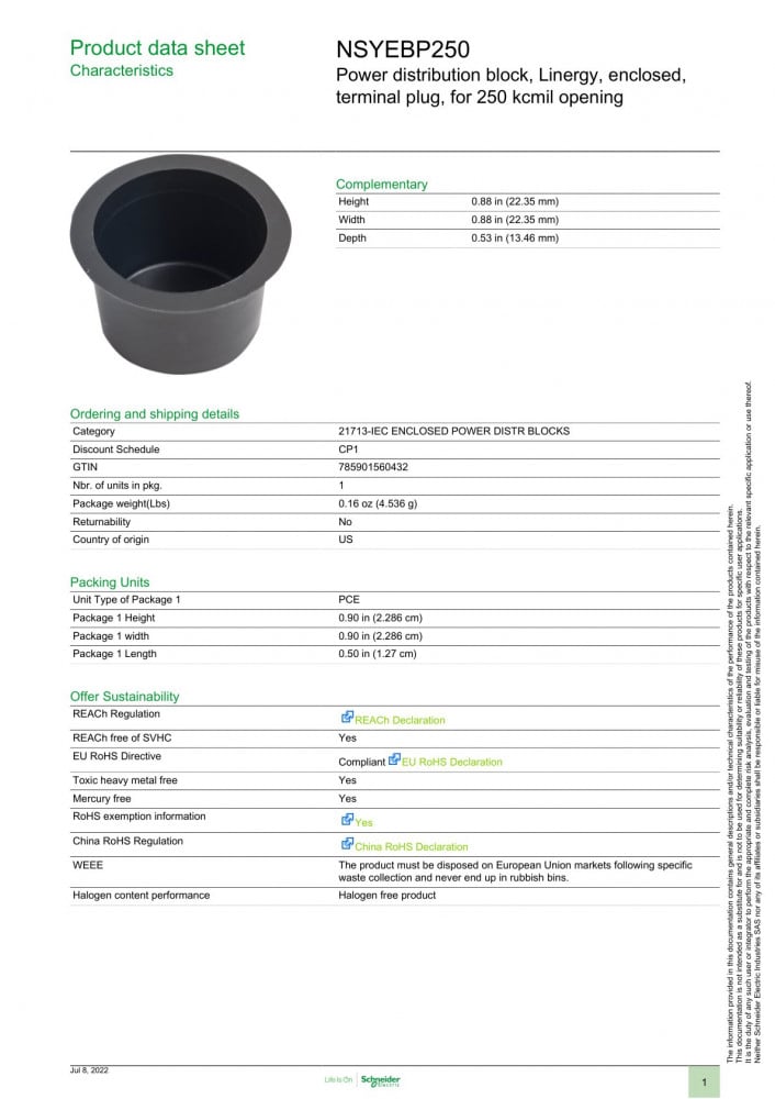 Schneider NSYEBP250 product document