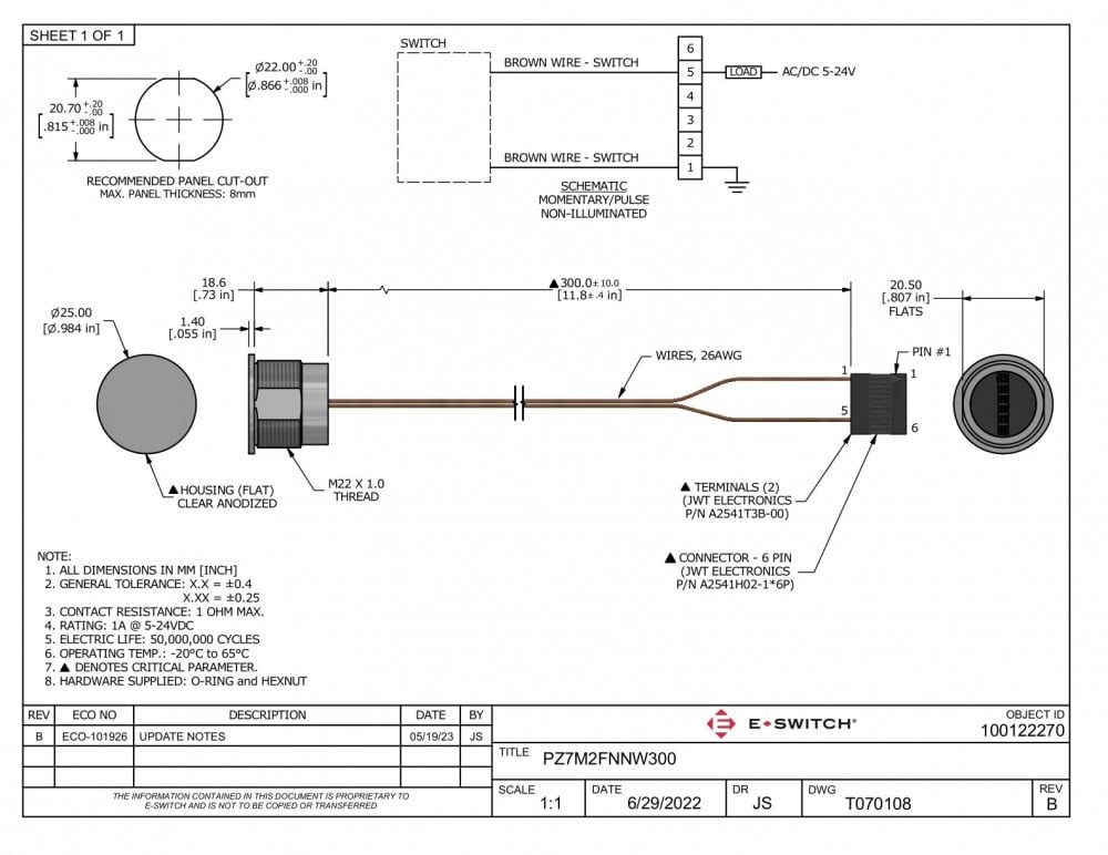 E-Switch PZ7M2FNNW300 technical drawing page