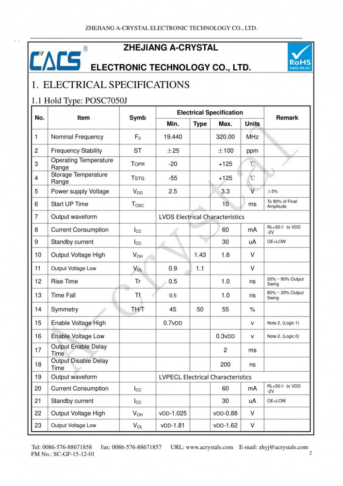 POSC7050J specification document, page 2