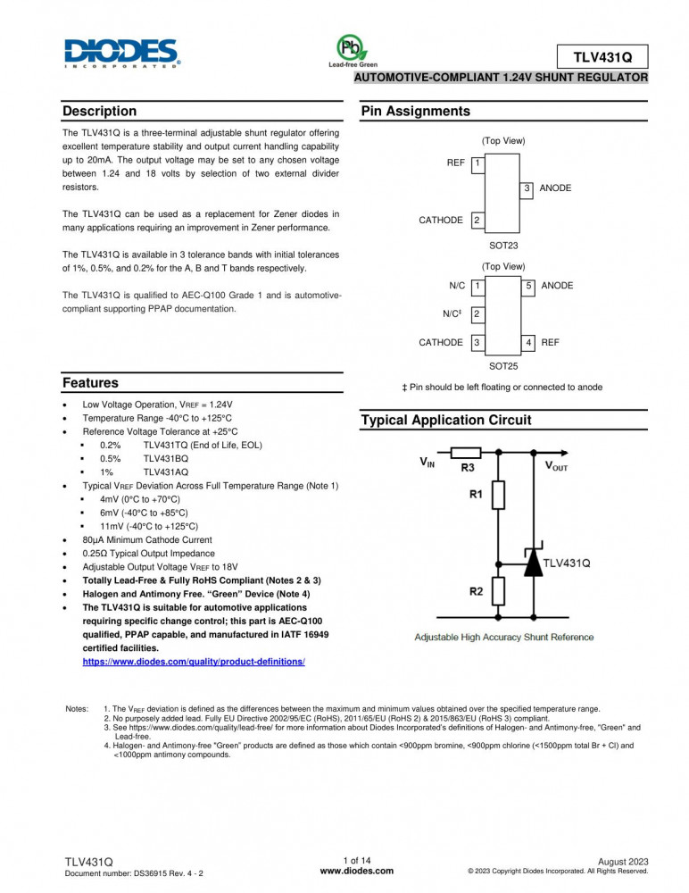 TLV431AQFTA technical document page 1
