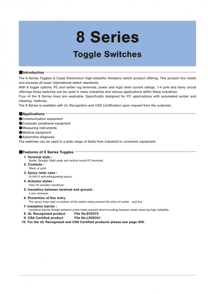 8 Series toggle switch documentation, page 1