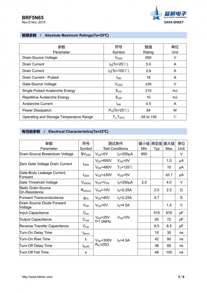 BRF5N65 datasheet page 2