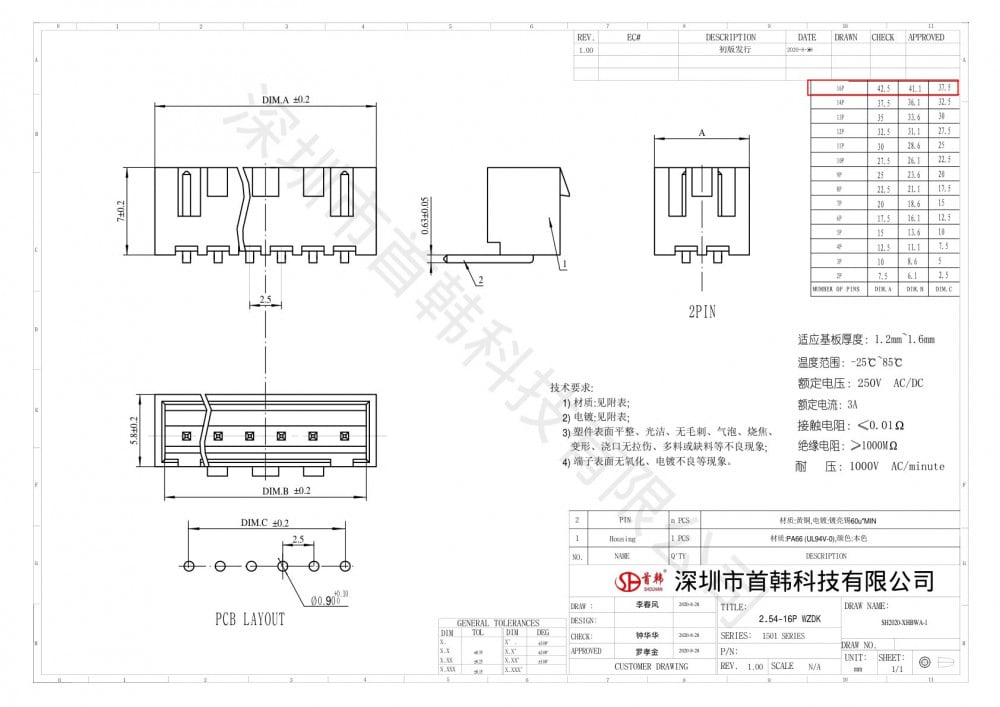 2.54-16P WZDK specification page 1
