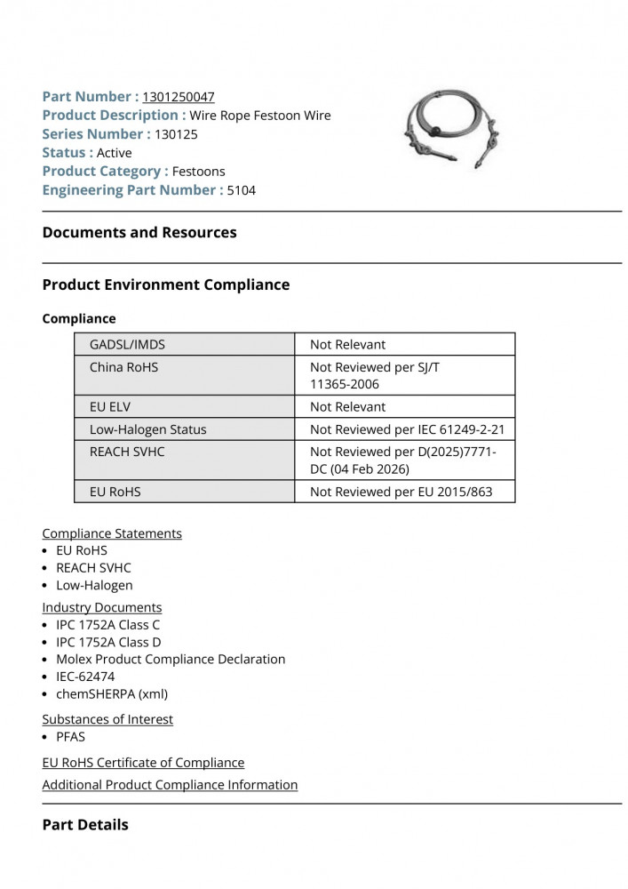 Product document page 1 for Molex 1301250047