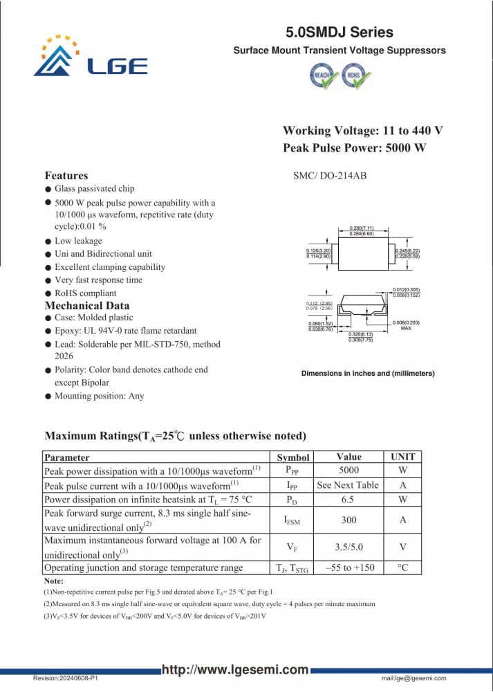 LGE 5.0SMDJ90CA datasheet page 1