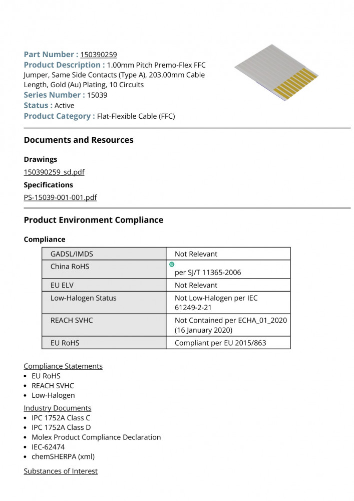 Molex 1.00 mm pitch FFC family specification, page 1
