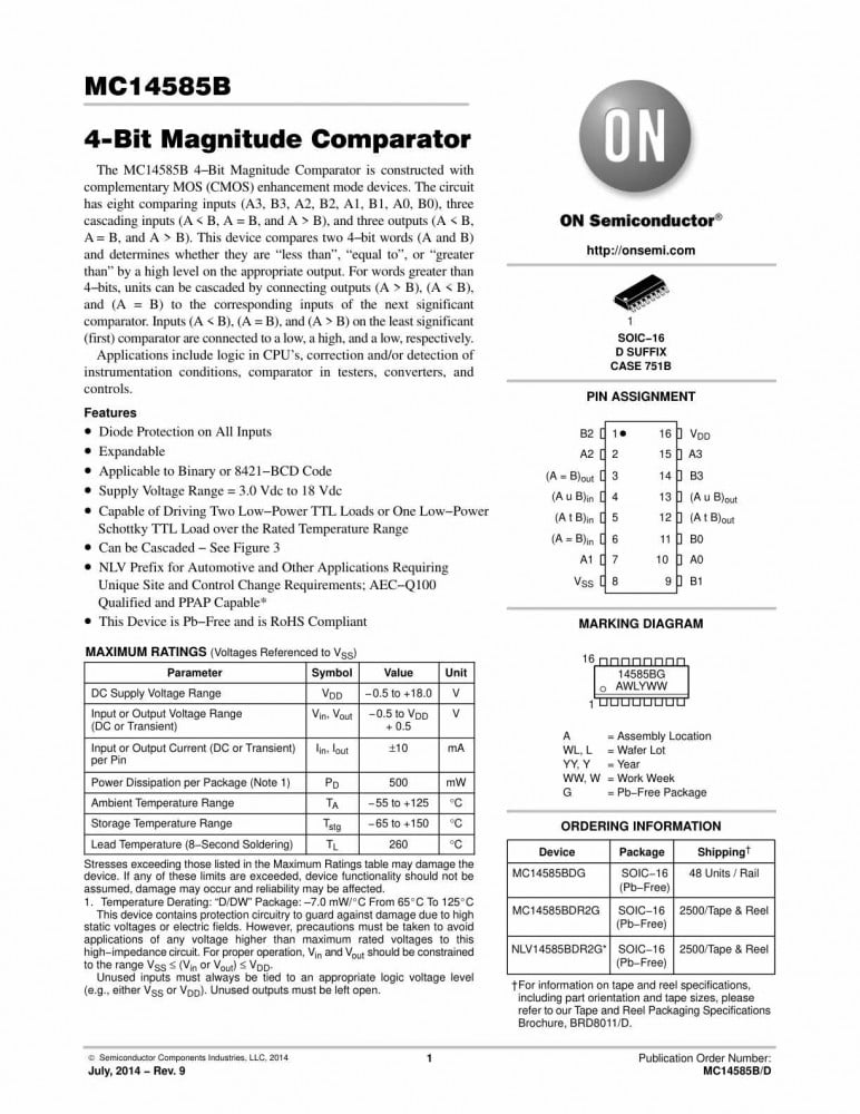 MC14585B datasheet page 1