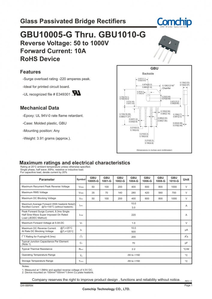 GBU10005-G datasheet page 1