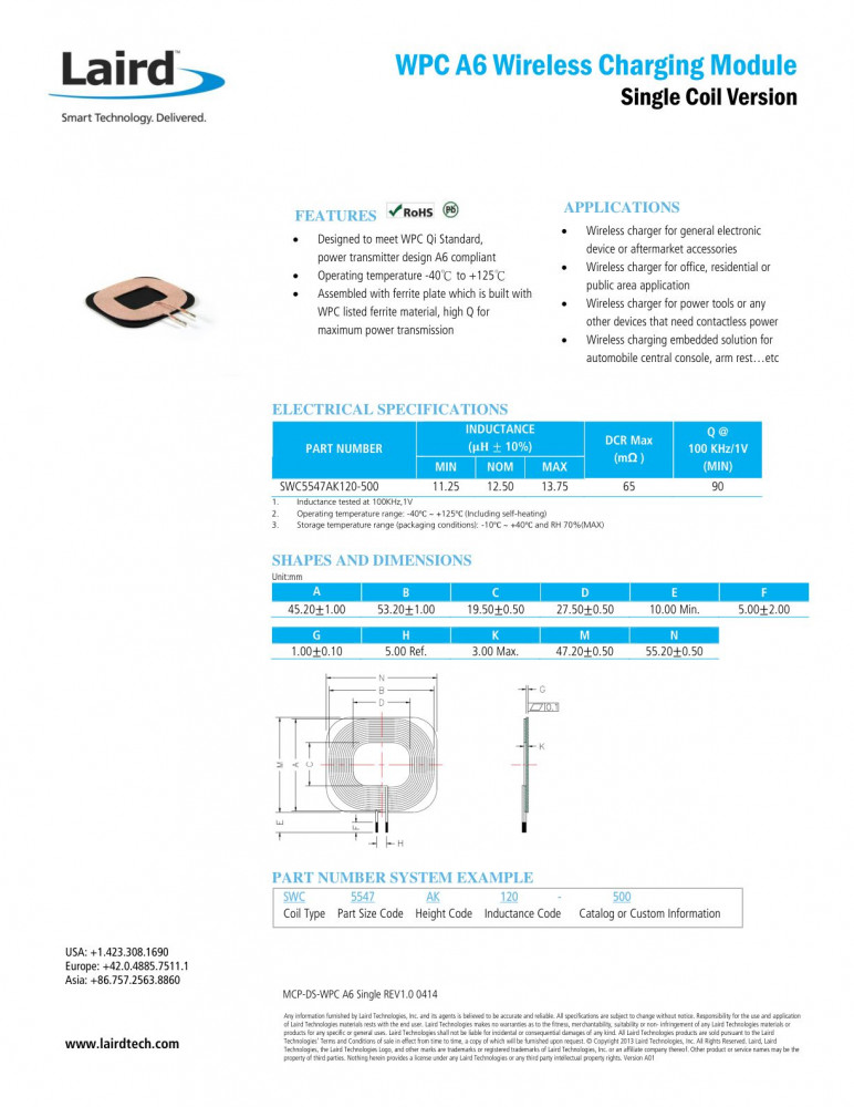 Laird SWC5547AK120-500 WPC A6 single-coil module datasheet preview