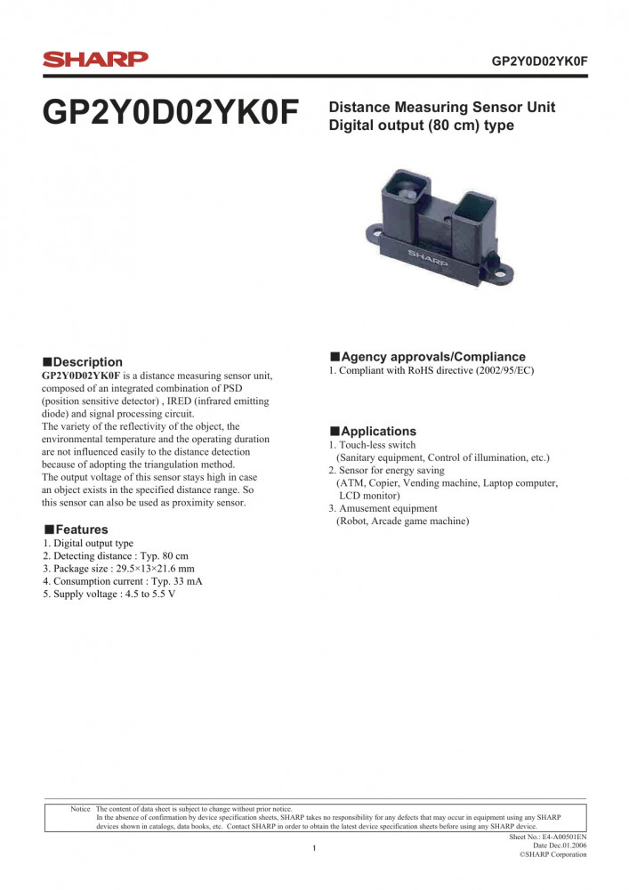 GP2Y0D02YK0F datasheet page 1