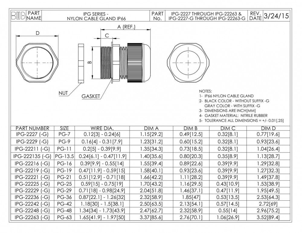 LEA NETWORKS IPG Series nylon cable gland dimensional drawing