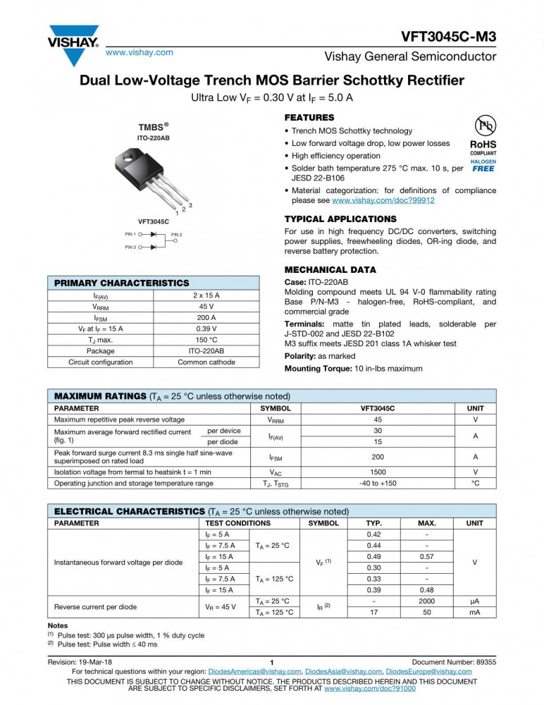 VFT3045C-M3/4W datasheet page 1