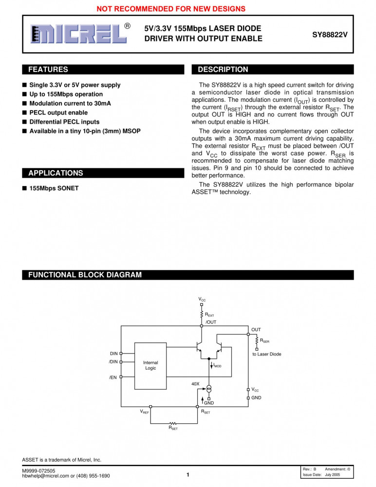 SY88822V datasheet preview, page 1