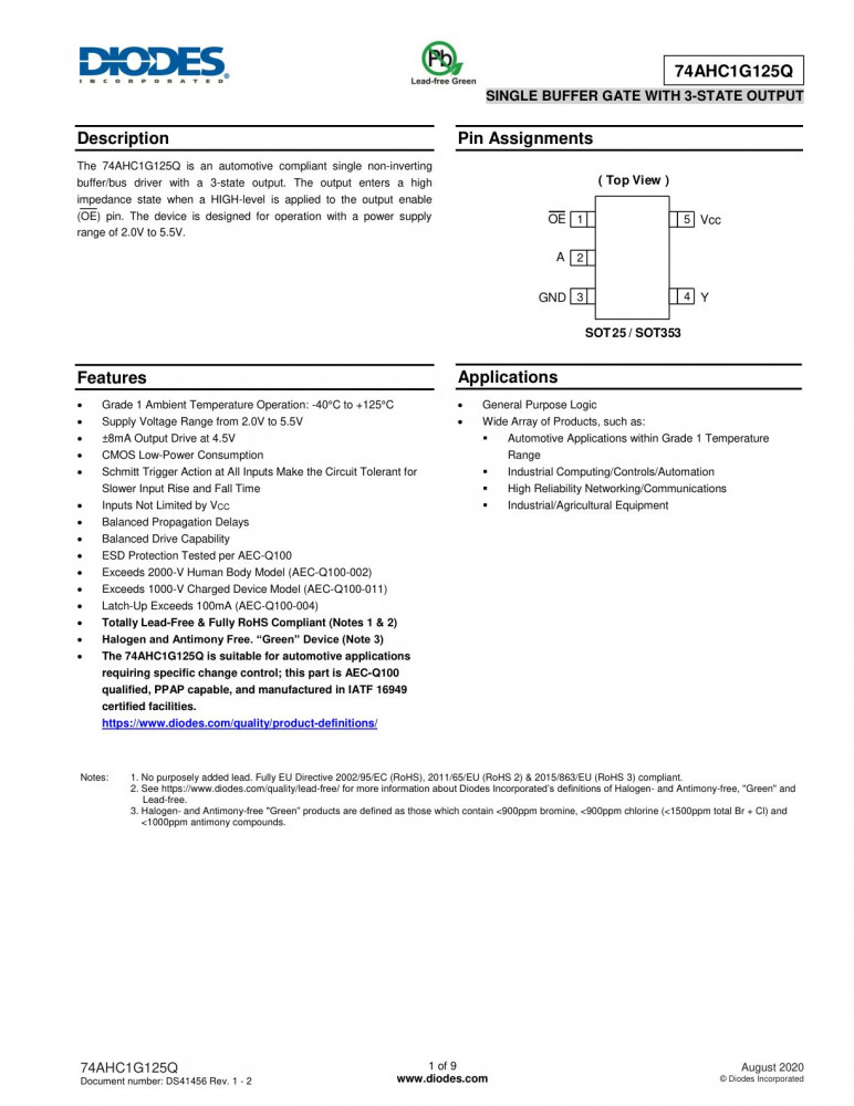 74AHC1G125QSE-7 datasheet page 1