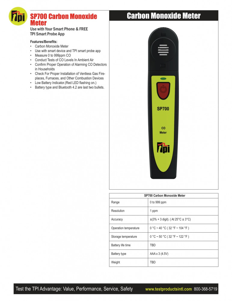 SP700 Carbon Monoxide Meter document image 1