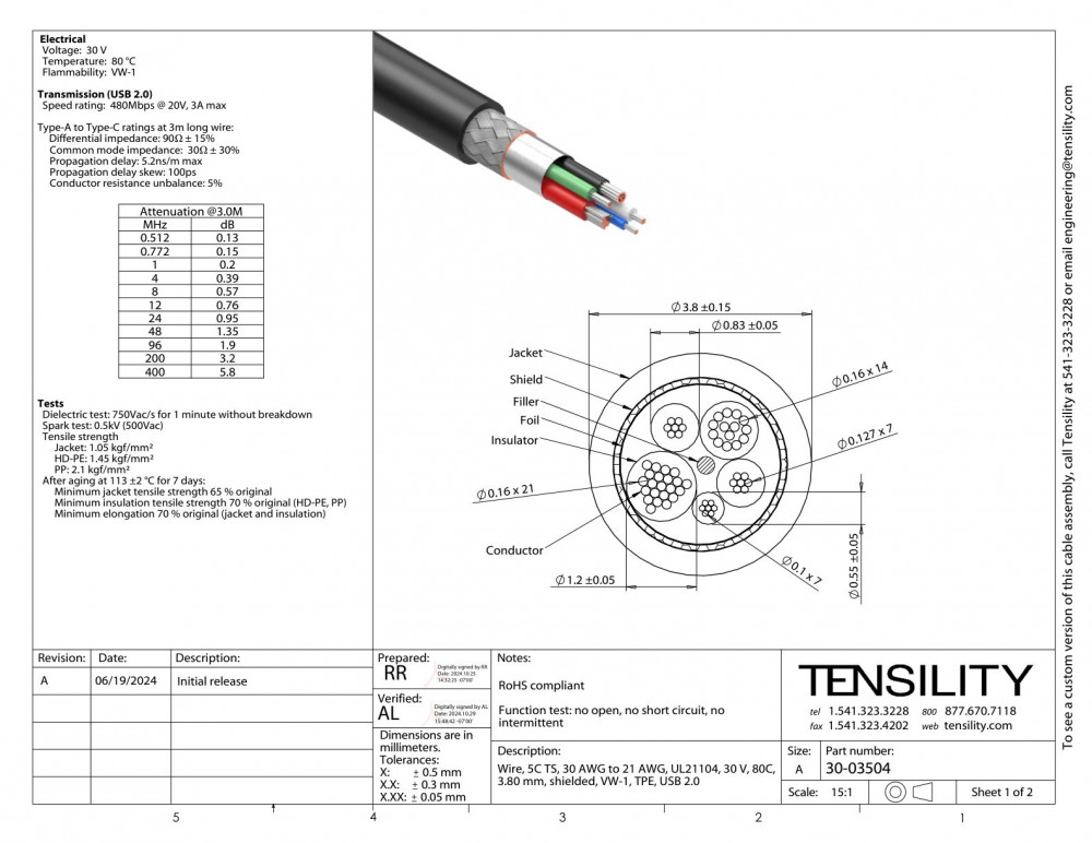 Tensility 30-03504 cable specification drawing, page 1