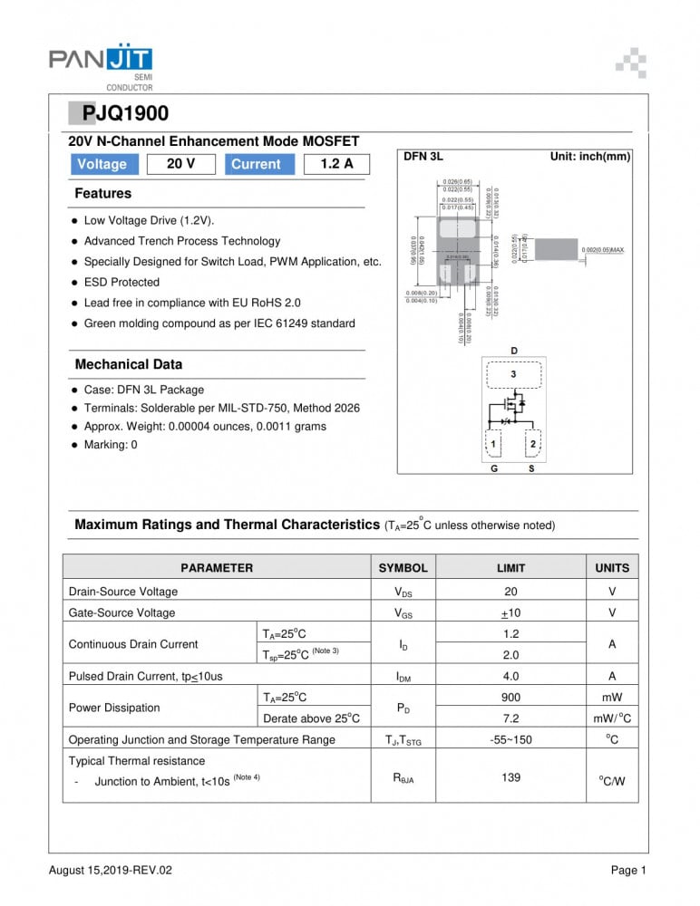 PJQ1900 datasheet page 1