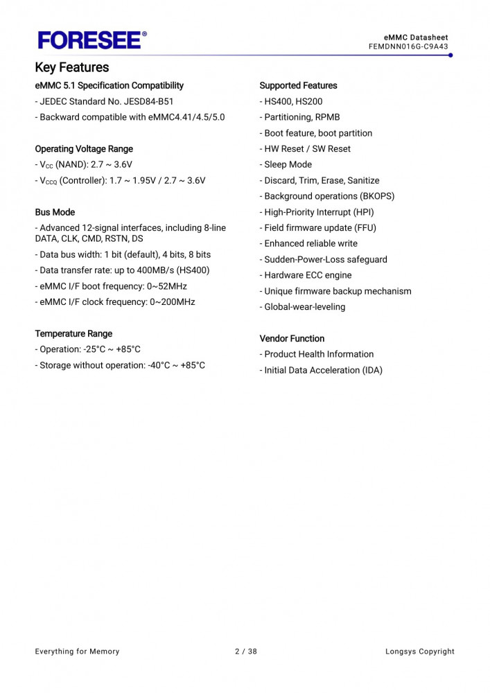 FORESEE eMMC datasheet page 2
