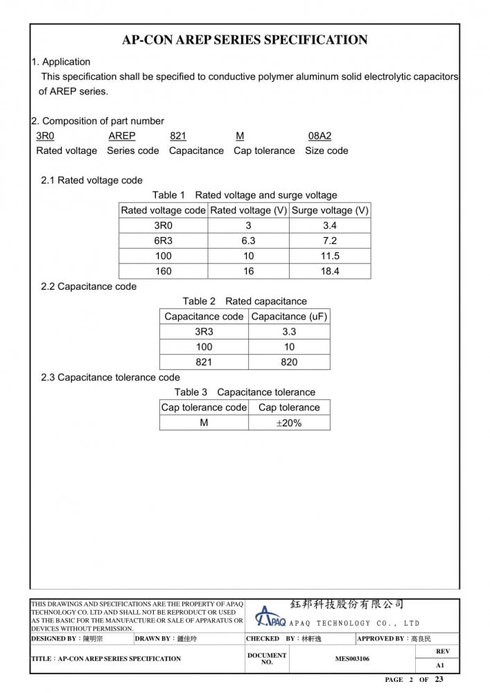 APAQ AREP specification page 2