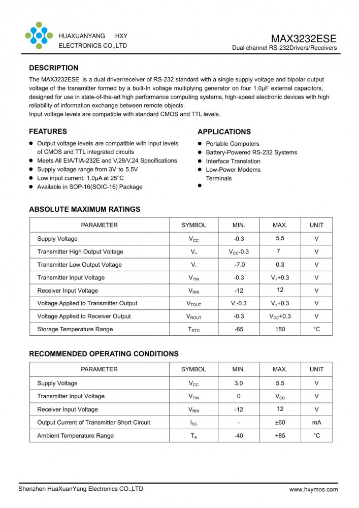 MAX3232ESE-HXY datasheet page 1