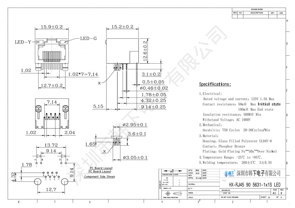 HX-RJ45 90 5631-1x1S LED technical drawing