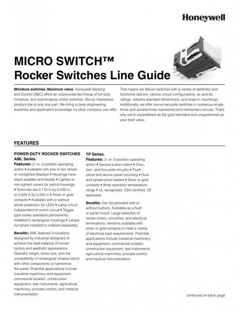 Honeywell MICRO SWITCH rocker switches line guide page 1