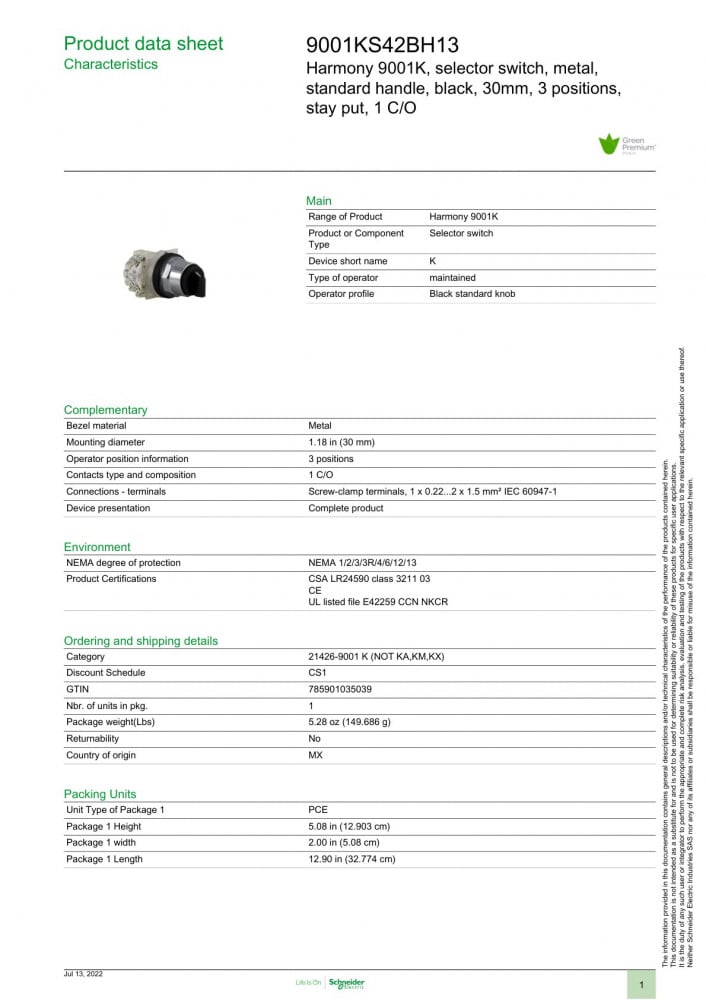 9001KS42BH13 technical document page 1