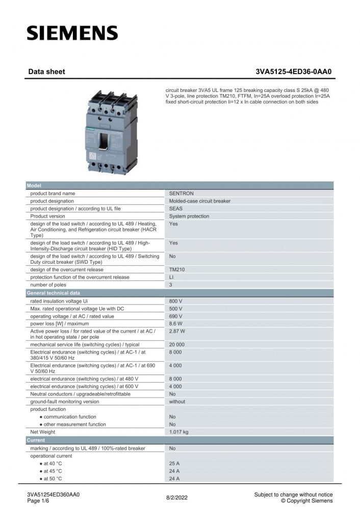 Siemens 3VA5125-4ED36-0AA0 document page 1